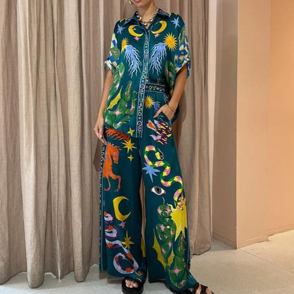 Damen-Outfit von Forina: Trendiges, stylisches Zweiteiler-Set in fröhl ...